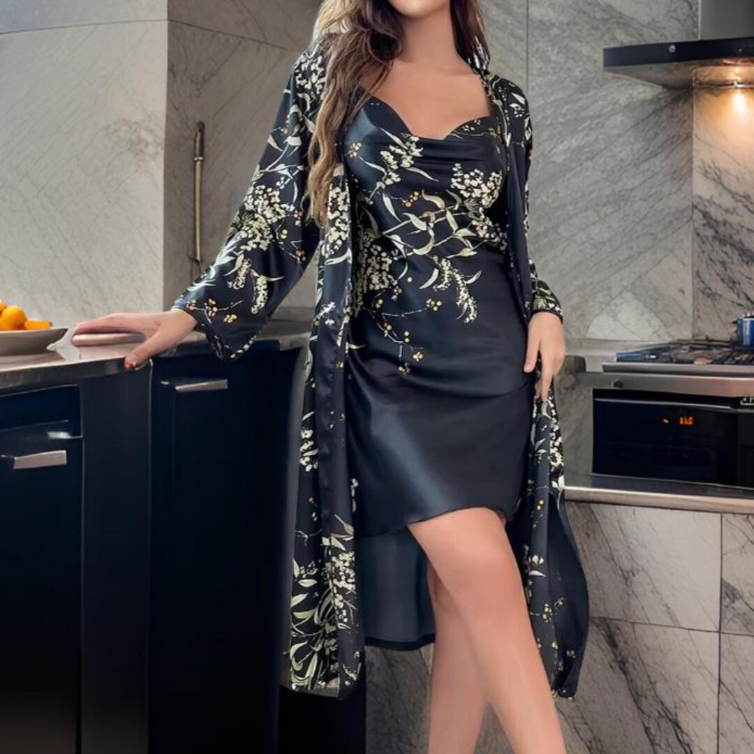 Women's Sexy Satin Nightgown | 2-pcs Sling and Robe Nightwear Set ...