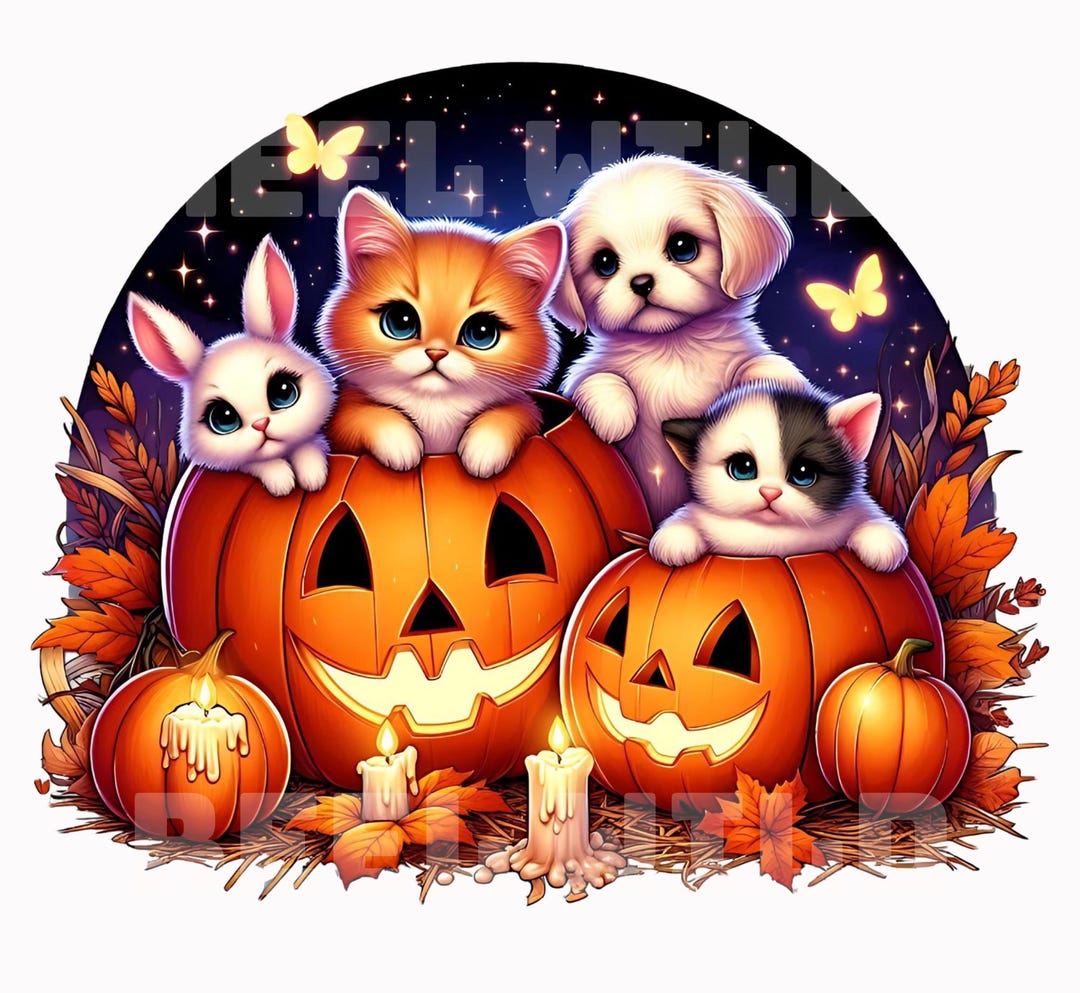 Cute Halloween Animals in Pumpkins Digital Art Print – Kitten, Puppy ...