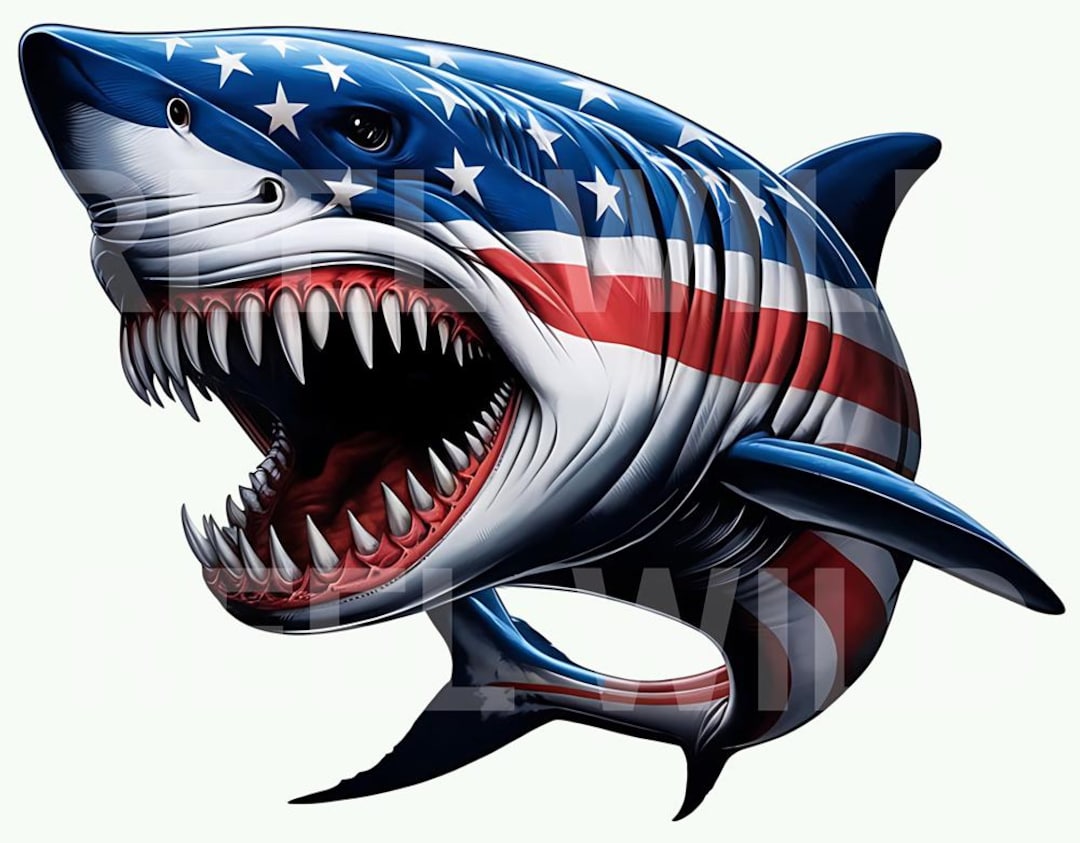 Patriotic American Flag Shark Digital Art | 4th of July Shark Print ...