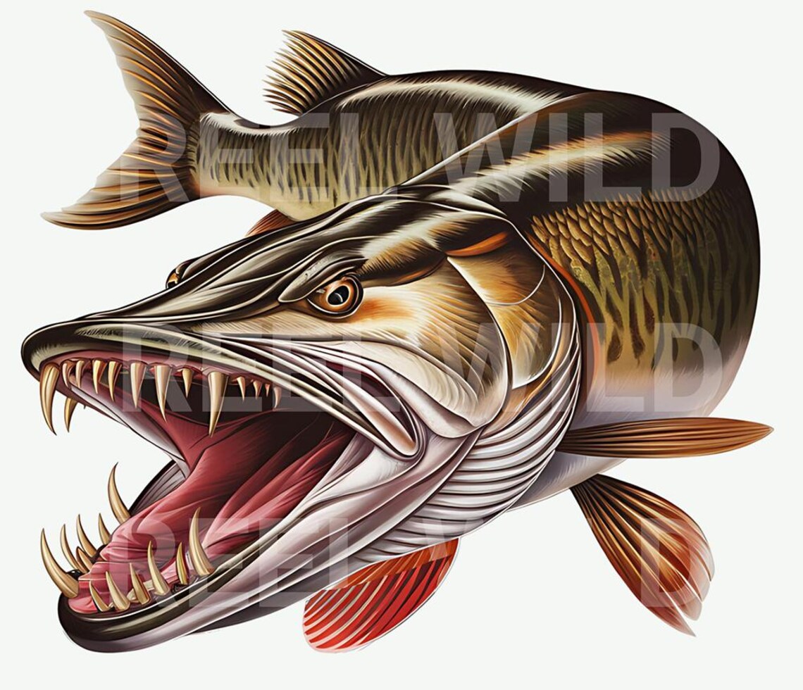 Muskie Fish Illustration: Predator Art for Fishing Decor (PNG Digital ...
