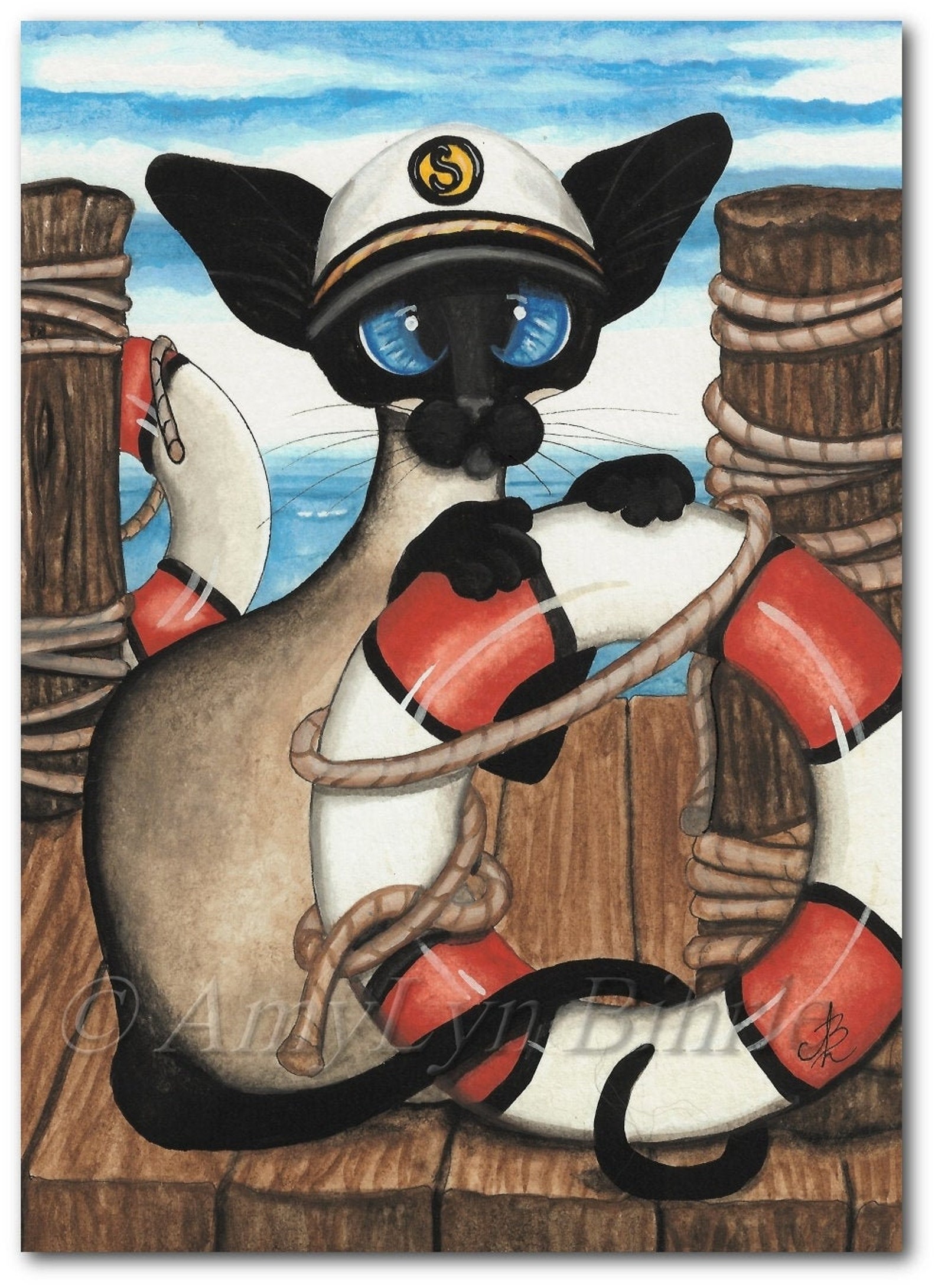 Siamese Cat Sailor Captain Hat Art Print by Bihrle Ck403 - Etsy
