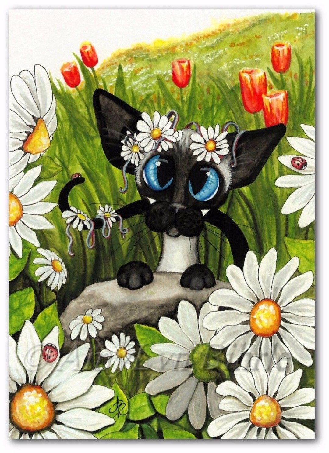 Siamese Cat Spring Daisies Flower Garden - Art Prints by Bihrle Ck396 ...