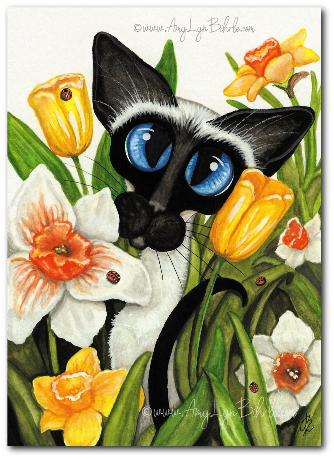 Siamese Cat Ladybugs Spring Flowers Easter Daffodils Tulips - Art Print ...