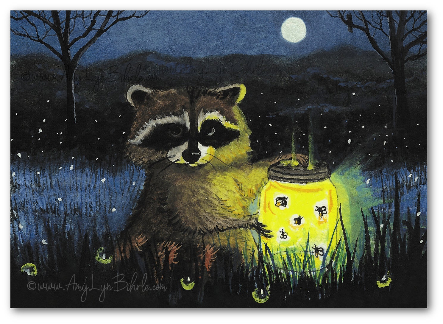 Raccoon Fireflies Wildlife Moonlight- Firefly Collection- Small 5x7 Art ...