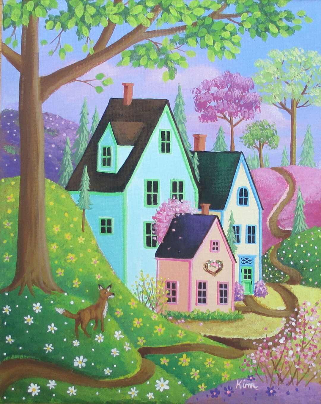 Fox Hills Spring Cottages Folk Art Print - Etsy