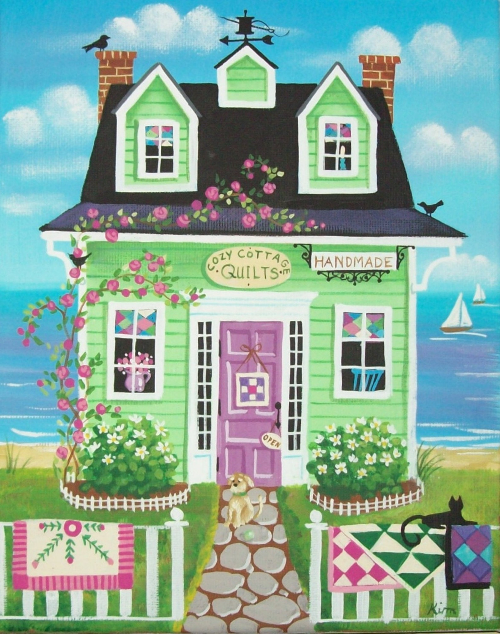 Cozy Cottage Quilt Shop Folk Art Print - Etsy