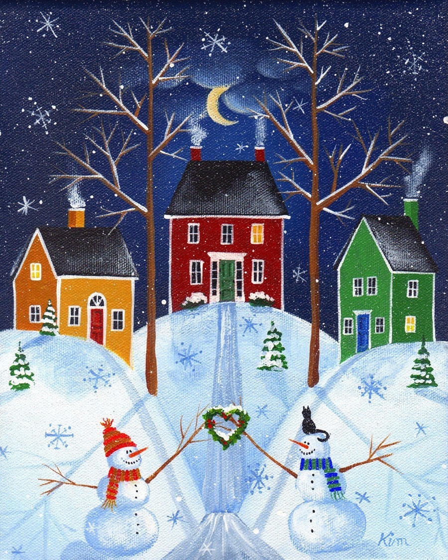 Snow Village Folk Art Print - Etsy