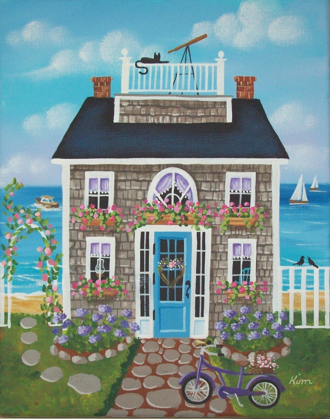 Nantucket Breeze Cottage Original Folk Art Print - Etsy