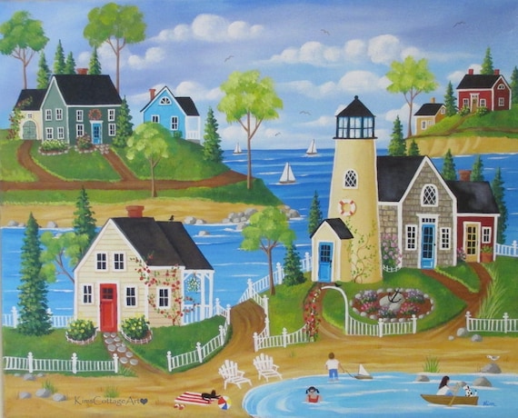 Summer Original Folk Art Painting Summer by the Sea - Etsy Summer Original Folk Art Painting Summer by the Sea - Etsy
