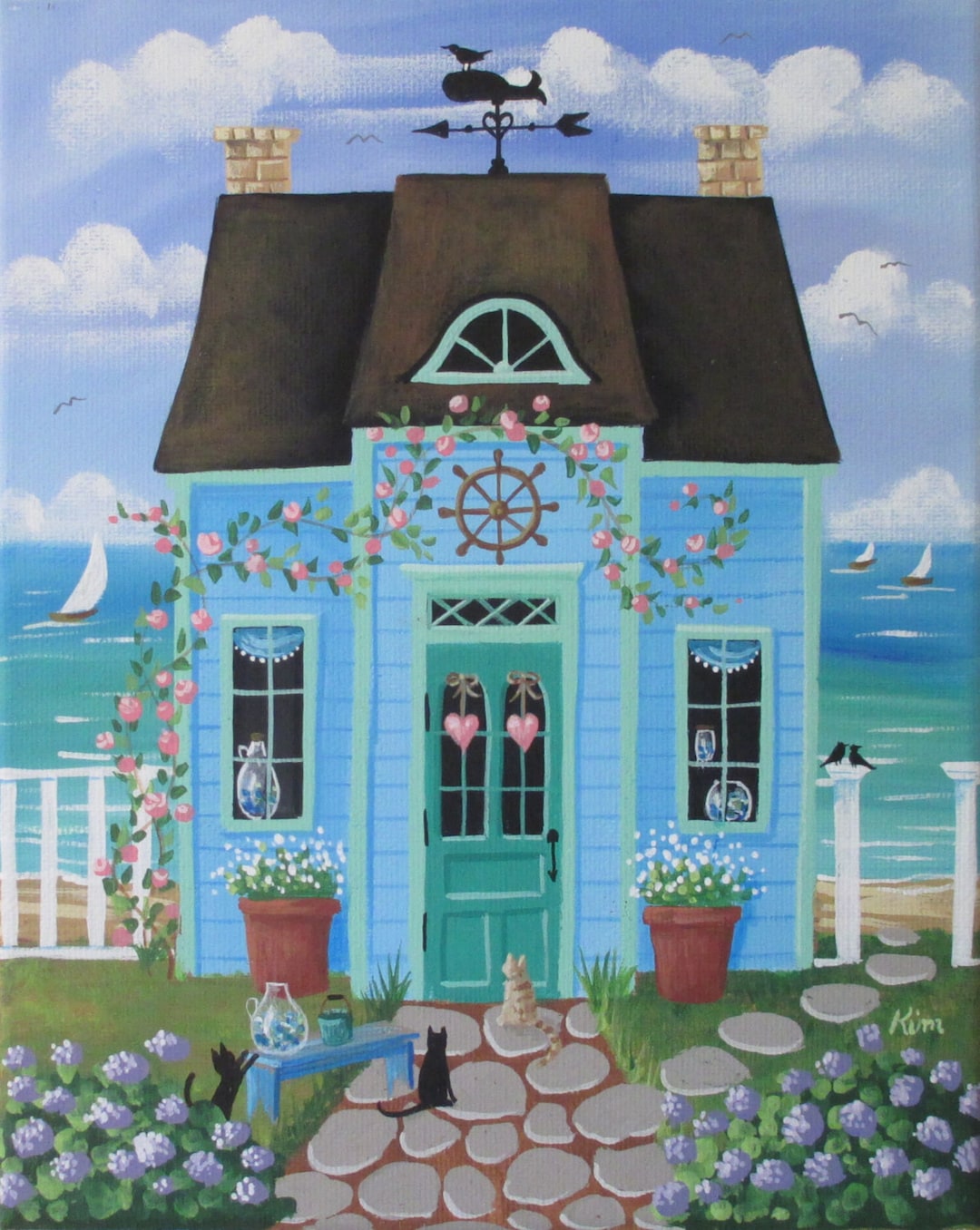 Sea Glass Cottage Folk Art Print - Etsy