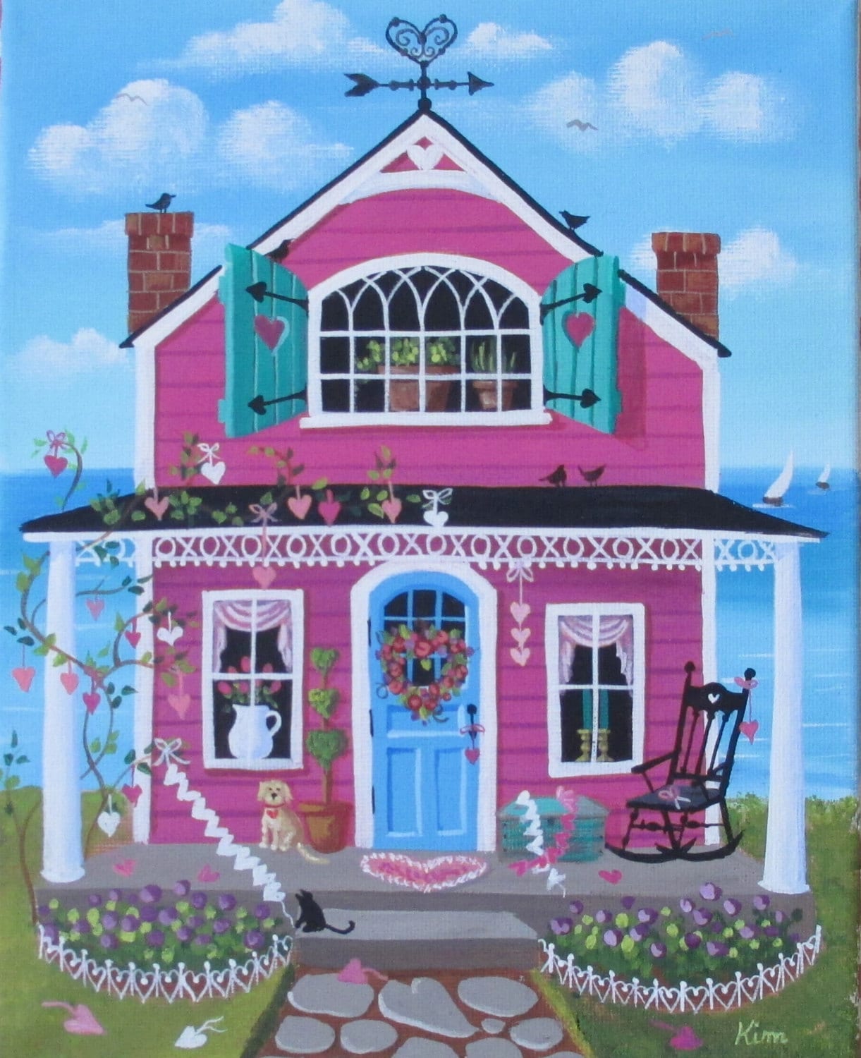 Paper Hearts Cottage Folk Art Print - Etsy