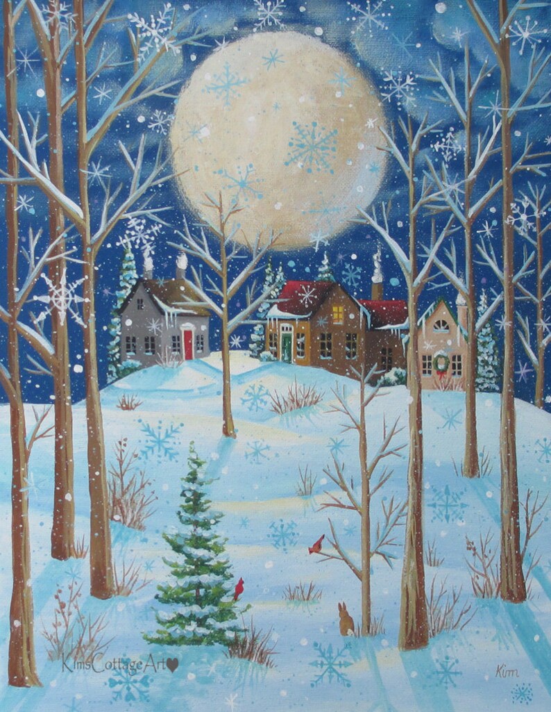 Winter Landscape December Moon Original Art Print by Kim - Etsy