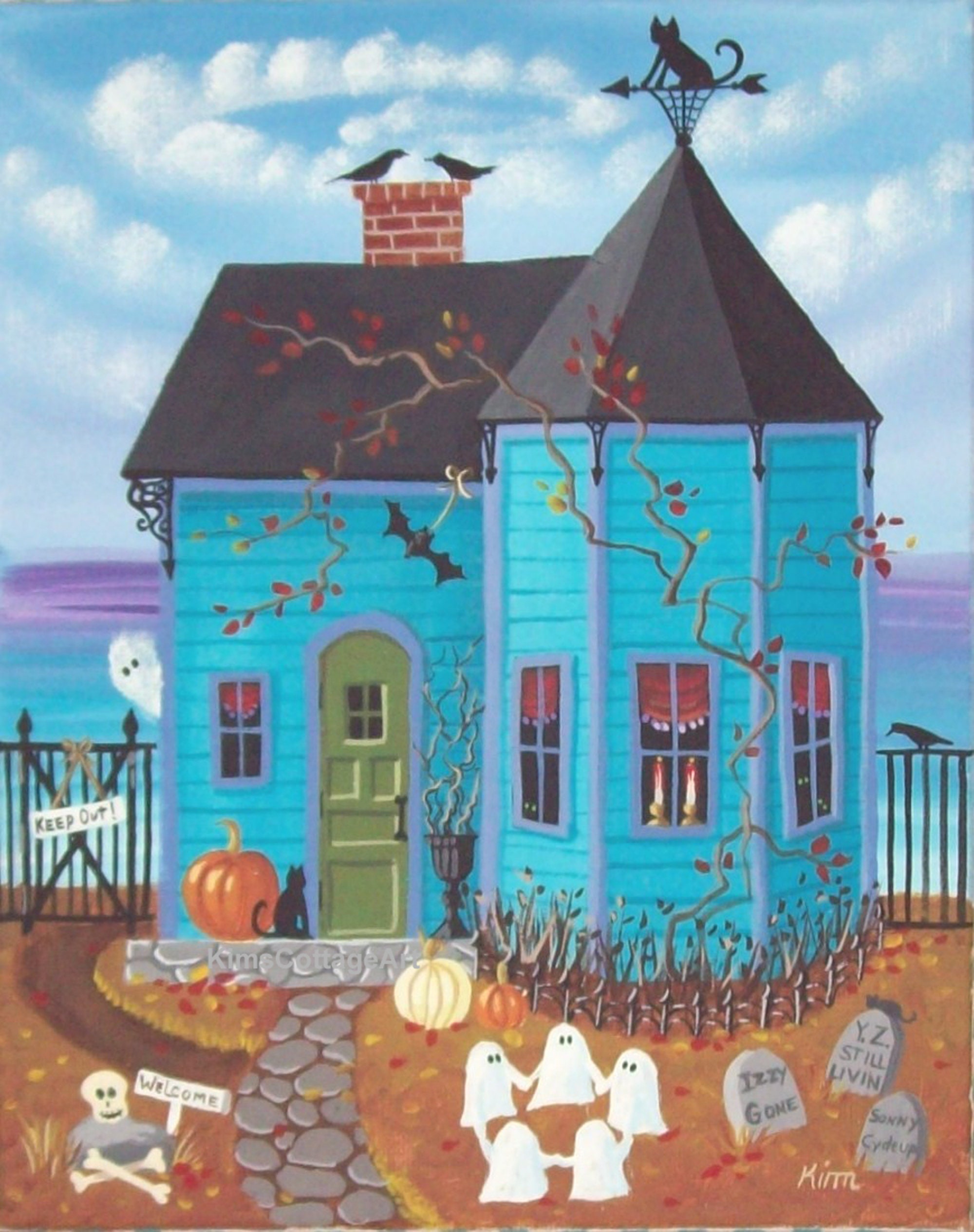Black Bat Bay Cottage Folk Art Print - Etsy