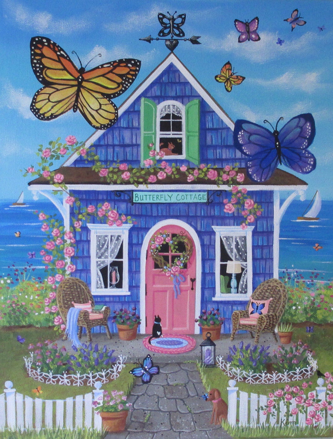Butterfly Cottage Folk Art Print Cottage Wall Art Seaside Cottage - Etsy