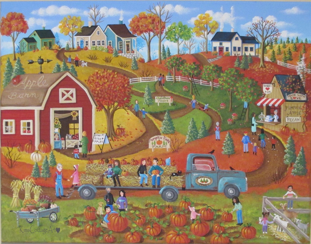 Autumn Landscape Hayride Folk Art Print - Etsy