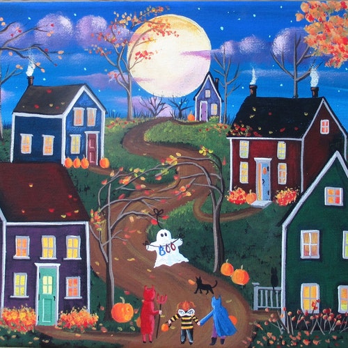Ghosts Goblins and Ghouls Night Halloween Folk Art Print - Etsy