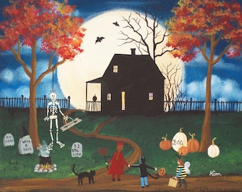 Ghosts Goblins and Ghouls Night Halloween Folk Art Print - Etsy