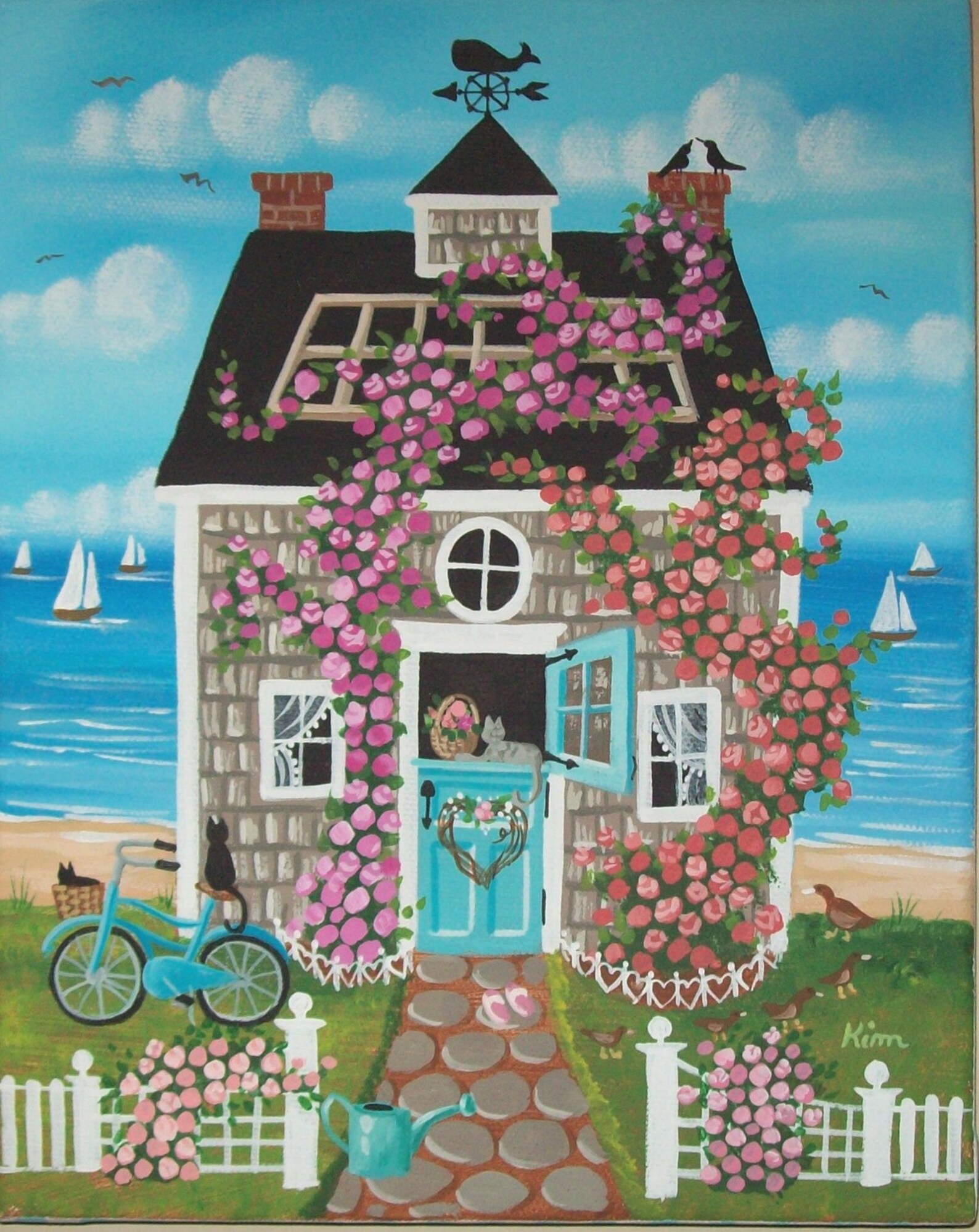 Nantucket Rose Cottage Folk Art Print - Etsy