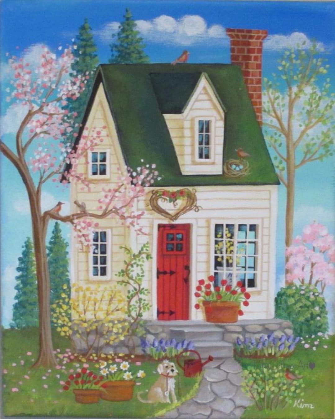 Springtime Cottage Folk Art Print - Etsy