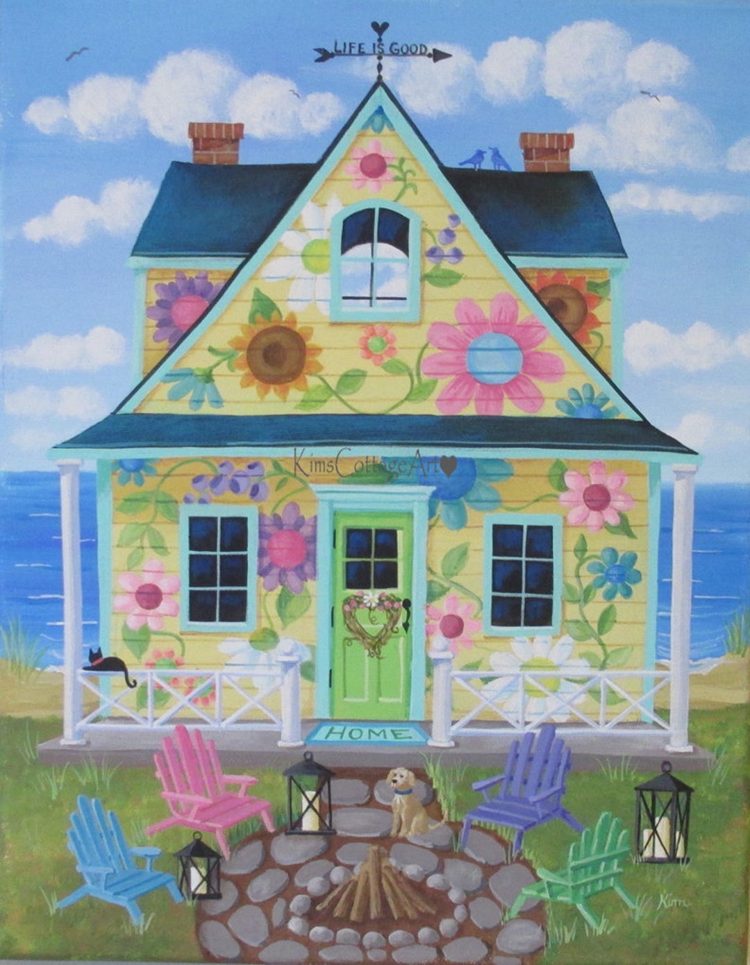 Summer Cottage Art Print, Floral Cottagecore Folk Art - Etsy