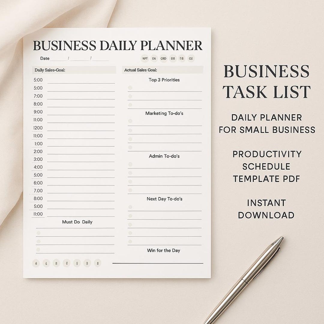 Business Task List Daily Planner for Small Business With Hourly ...
