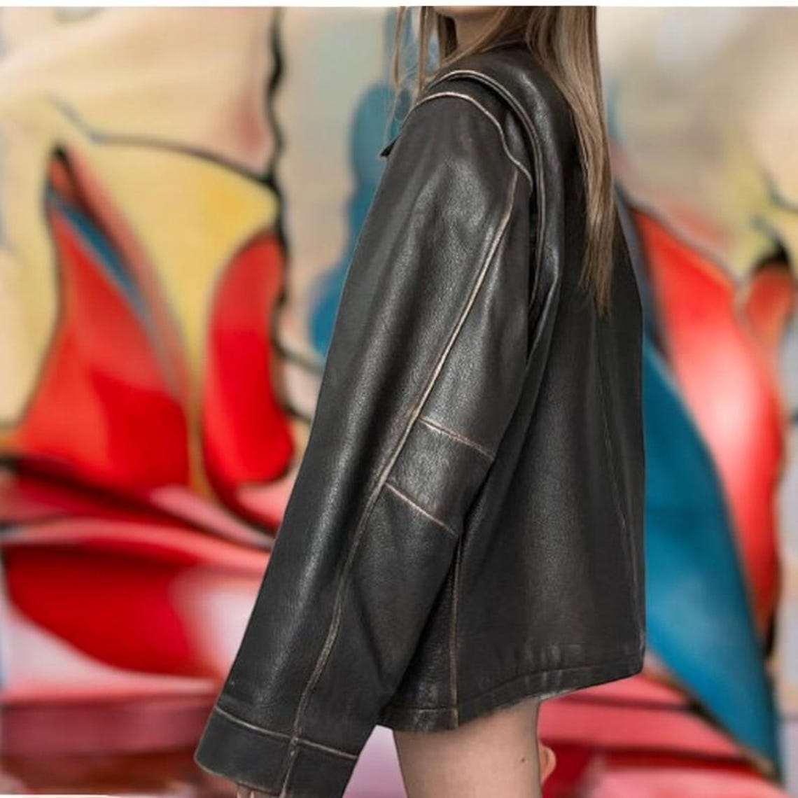 Women's Oversized Brown Distressed Leather Jacket, Oversized Brown Leather Jacket Women, 90's ...