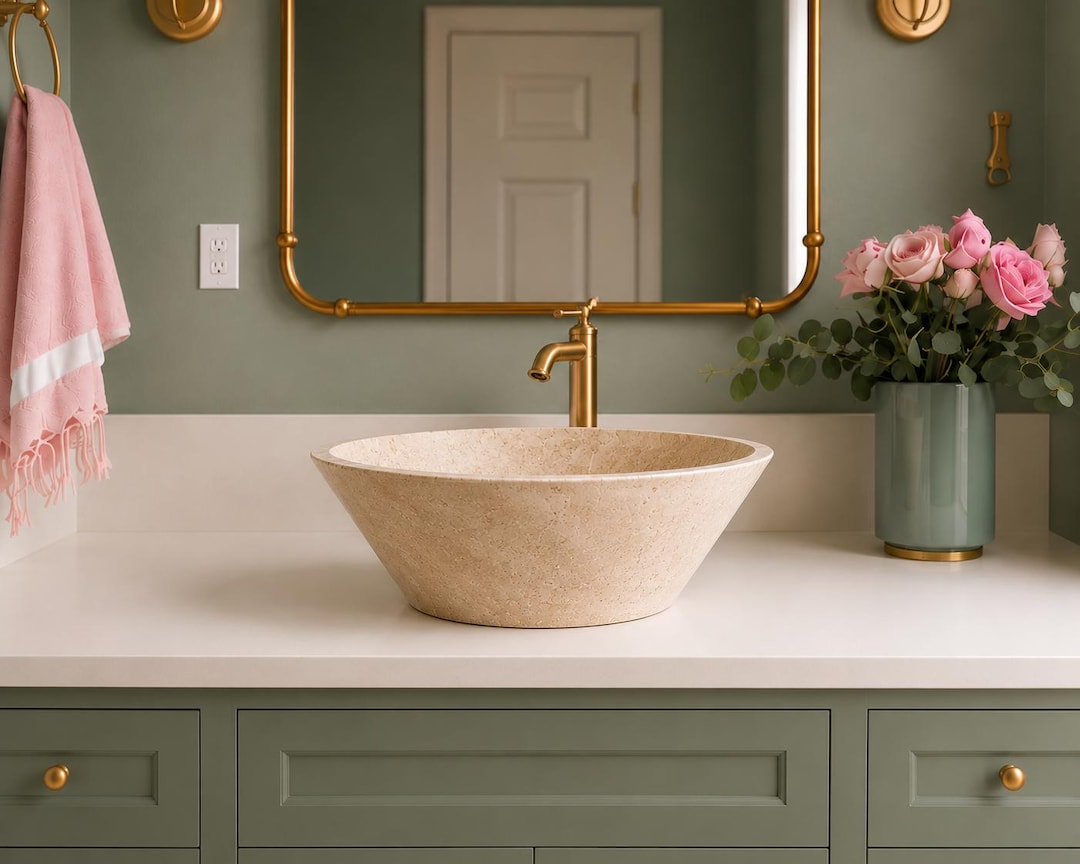Beige Travertine Vessel Sink - Conical Countertop Marble Basin ...