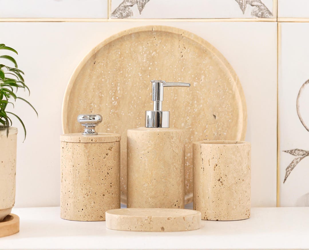 Aurelia - 5-piece Luxury Beige Travertine Bathroom Accessories Set - Etsy