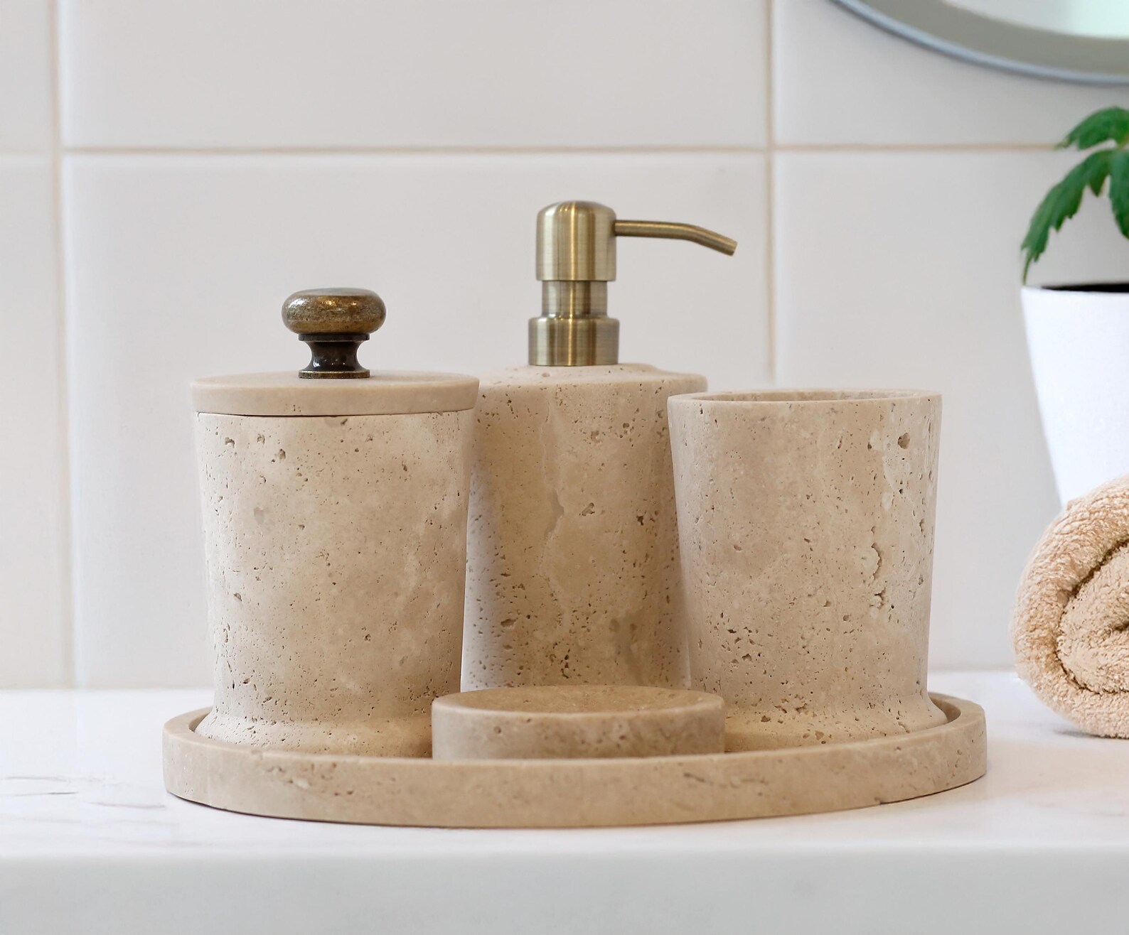 Thalia - Travertine Marble Bathroom Accessories Set: Conical Design ...