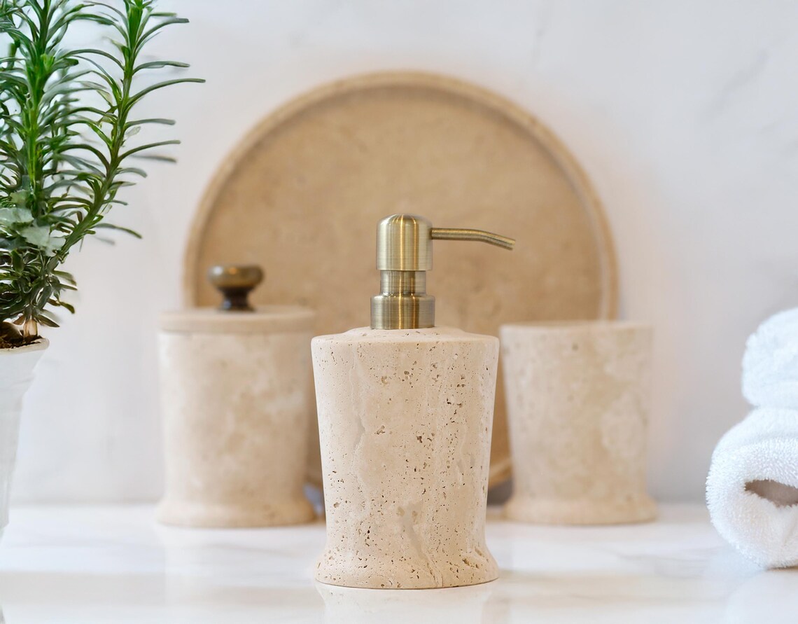 Thalia - Travertine Marble Bathroom Accessories Set: Conical Design ...