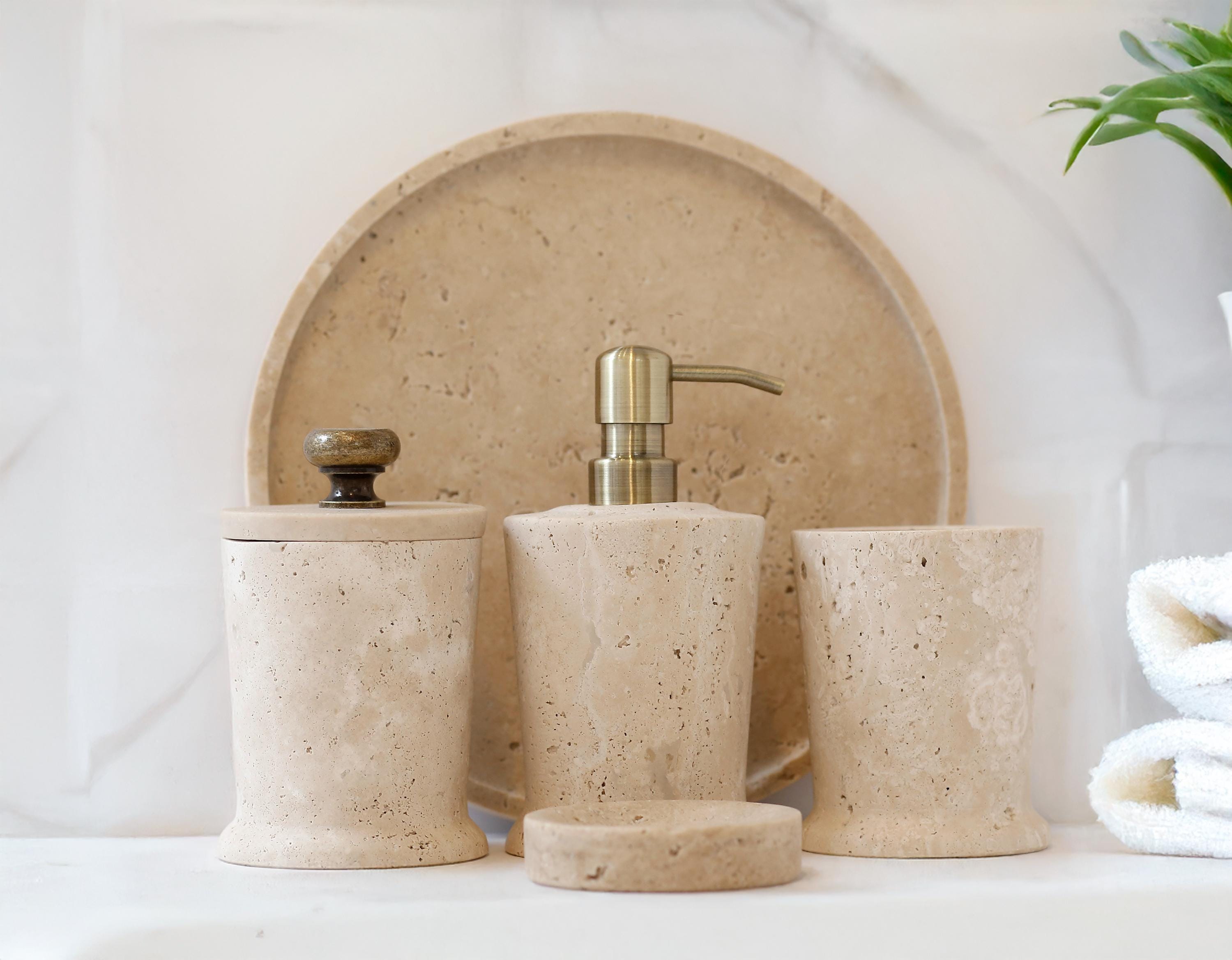 Thalia - Travertine Marble Bathroom Accessories Set: Conical Design ...