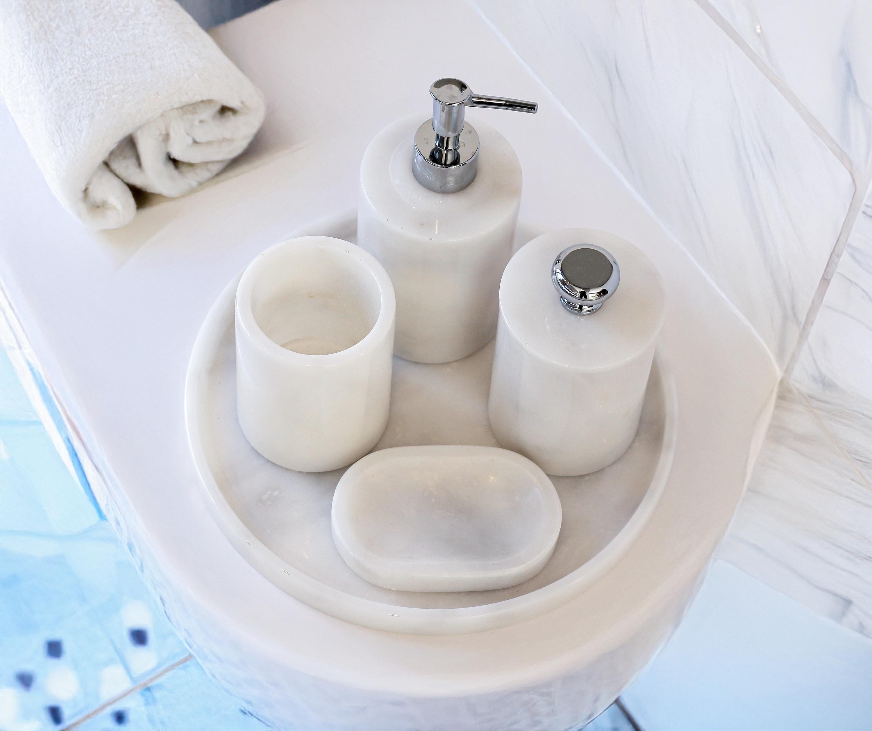 Aurelia - 5-piece White Marble Bathroom Accessories Set With Tray - Etsy