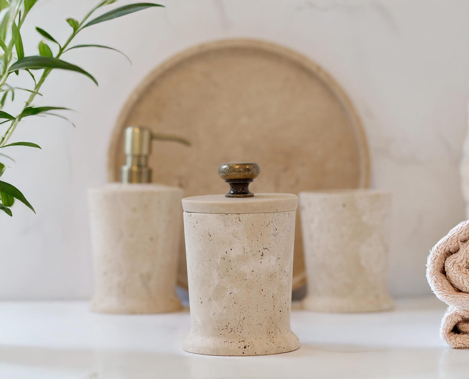 Thalia - Travertine Marble Bathroom Accessories Set: Conical Design ...