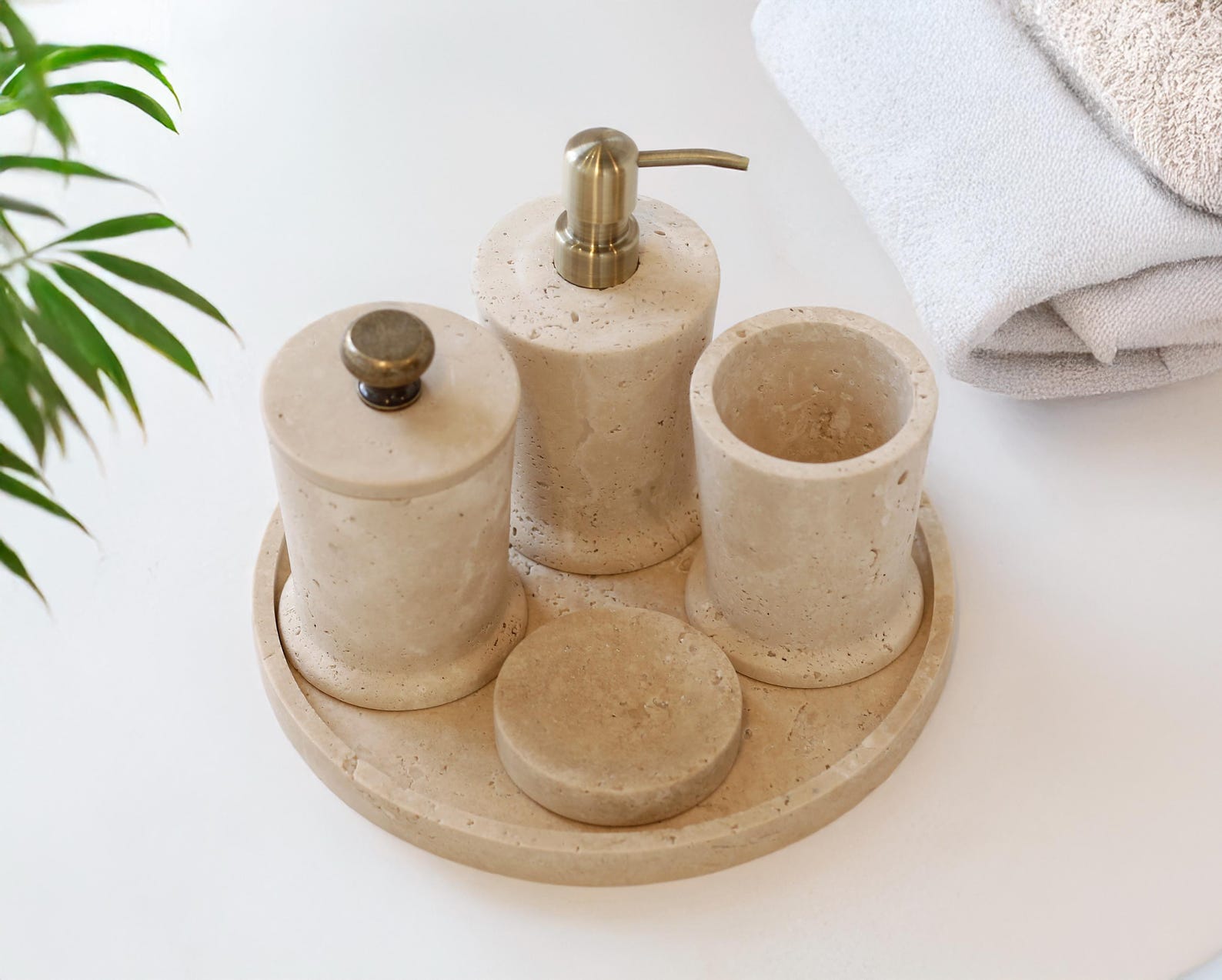 Thalia - Travertine Marble Bathroom Accessories Set: Conical Design ...
