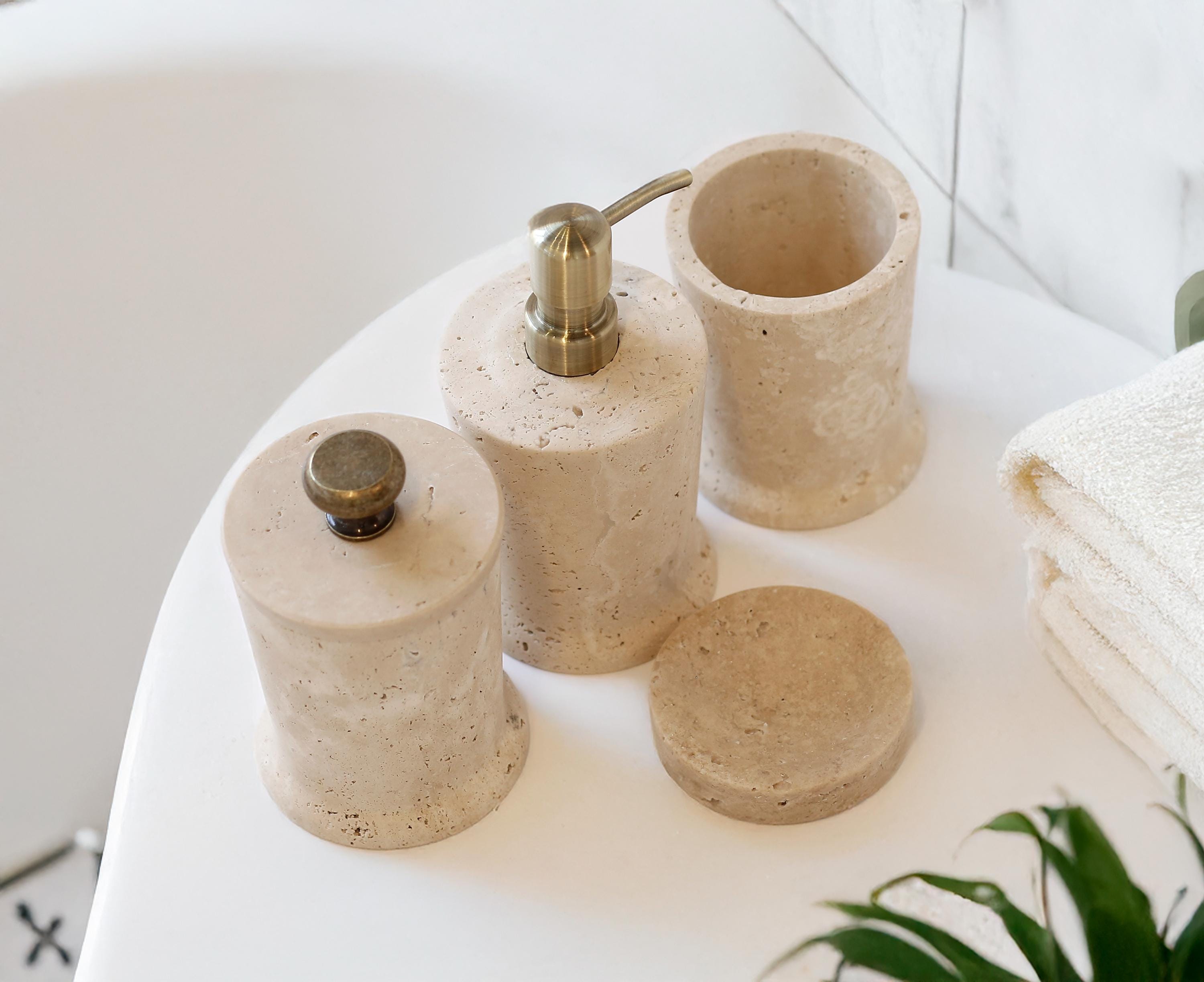 Thalia - Travertine Marble Bathroom Accessories Set: Conical Design ...