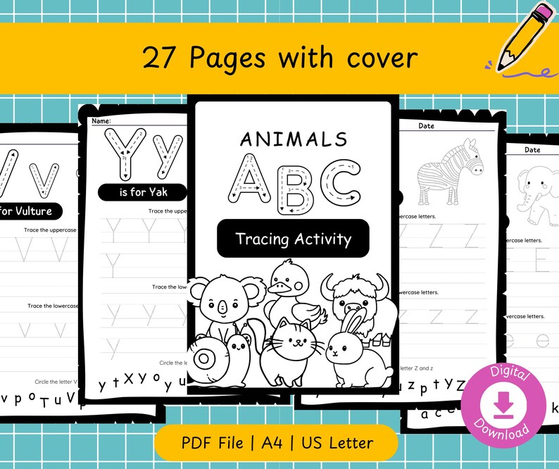 Animal ABC Alphabet Tracing Worksheet Fun Letter Practice for Kids for ...