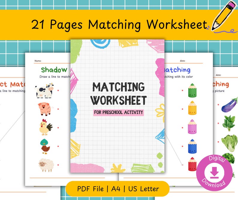 Matching Worksheets & Coloring Pages Bundle Fun Printable Pack for Kids ...