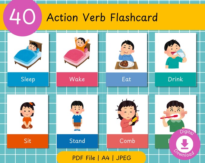 Action Verb Set Flashcards for Kids 40 Educational Tool for Learning ...