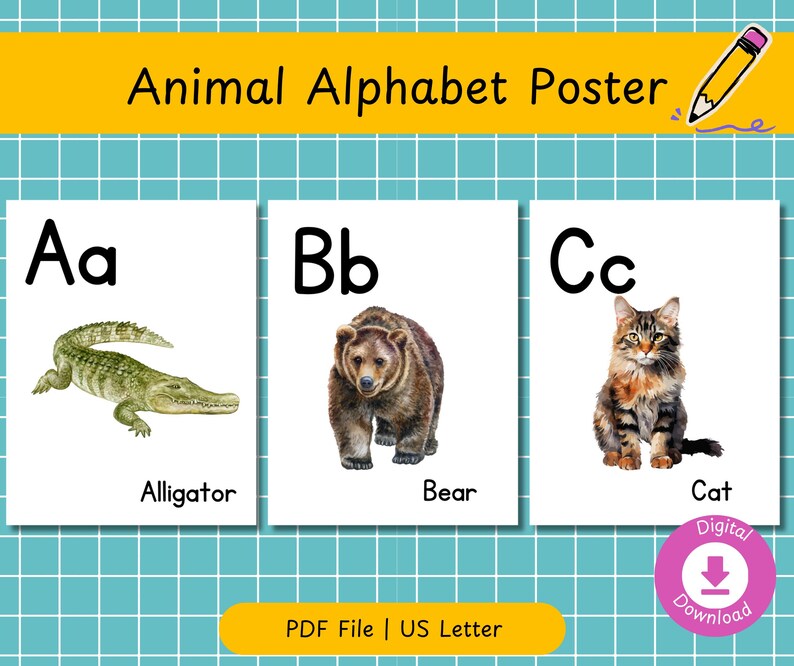 Animal Alphabet Poster for Kids, Educational Wall Art, Nursery Decor, A ...