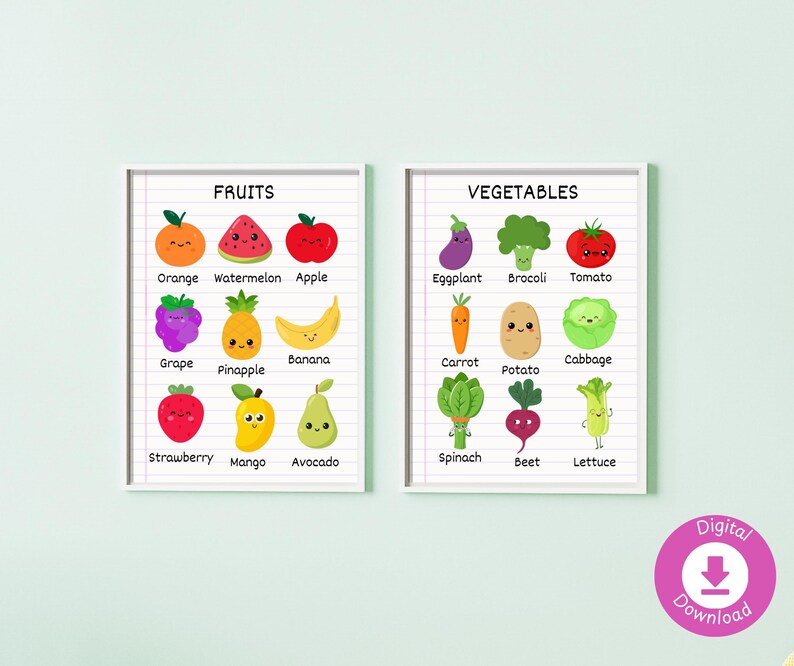 Fruit & Vegetable Poster Bundle for Kids Educational Wall Art for ...