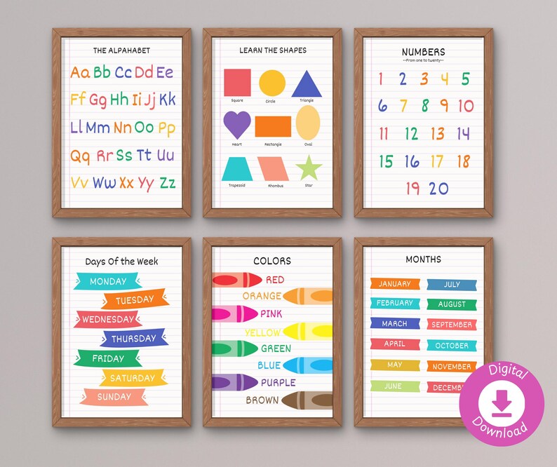 Ultimate Kids Learning Poster Bundle Alphabet, Numbers, Shapes, Colors ...