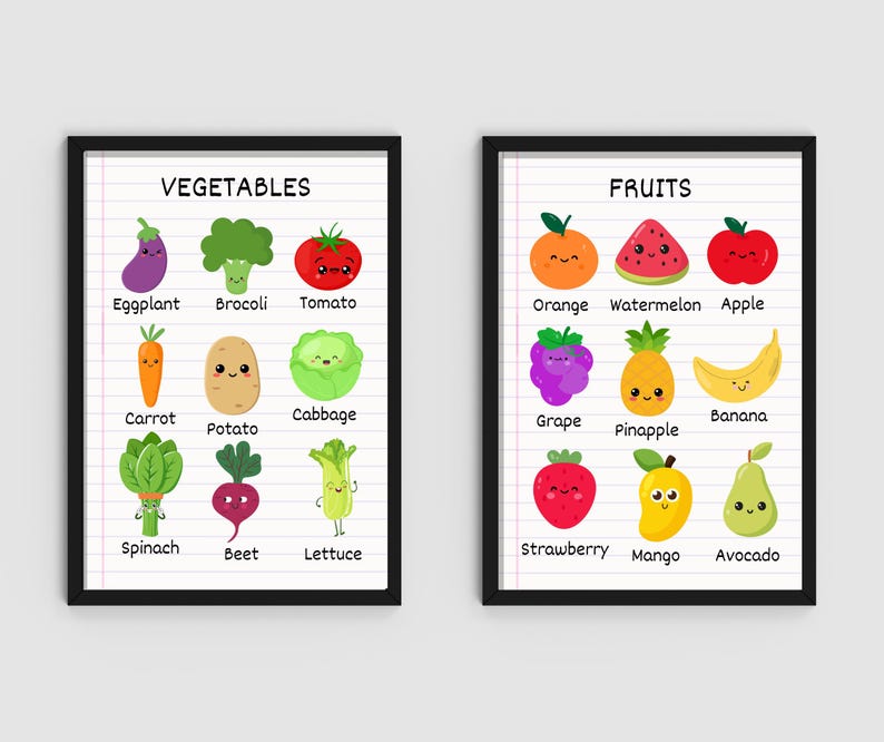 Fruit & Vegetable Poster Bundle for Kids Educational Wall Art for ...