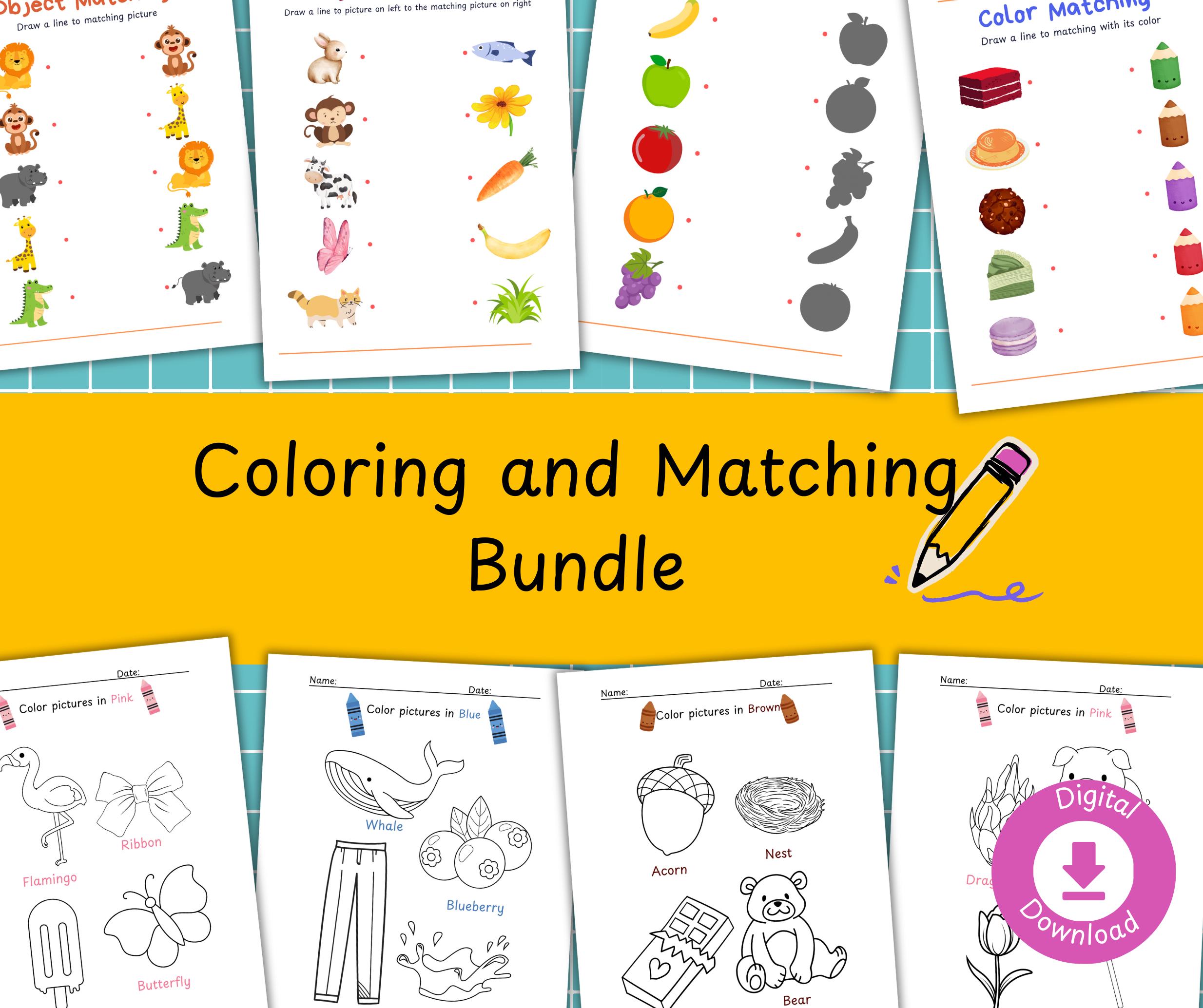 Matching Worksheets & Coloring Pages Bundle Fun Printable Pack for Kids ...