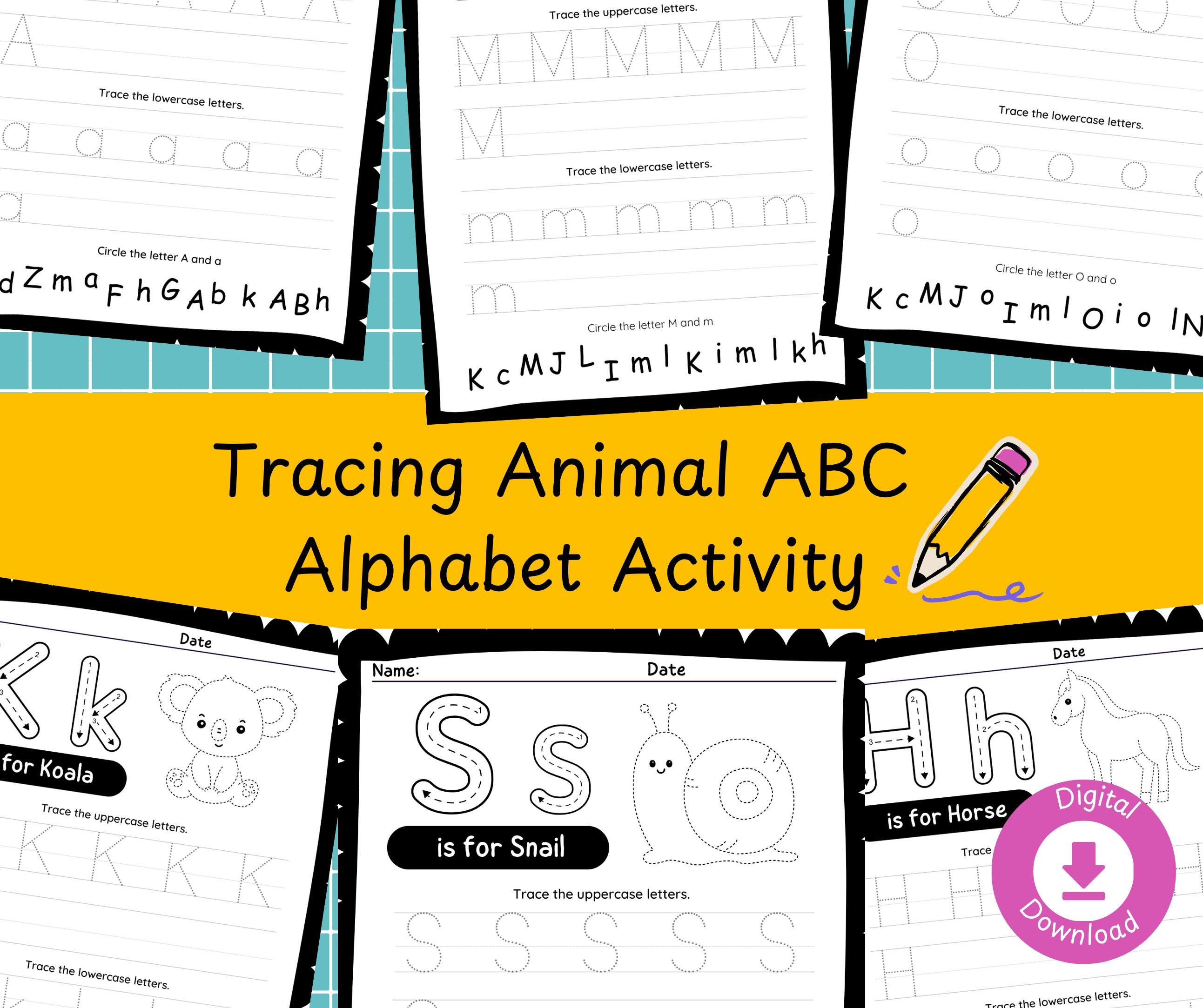 Animal ABC Alphabet Tracing Worksheet Fun Letter Practice for Kids for ...