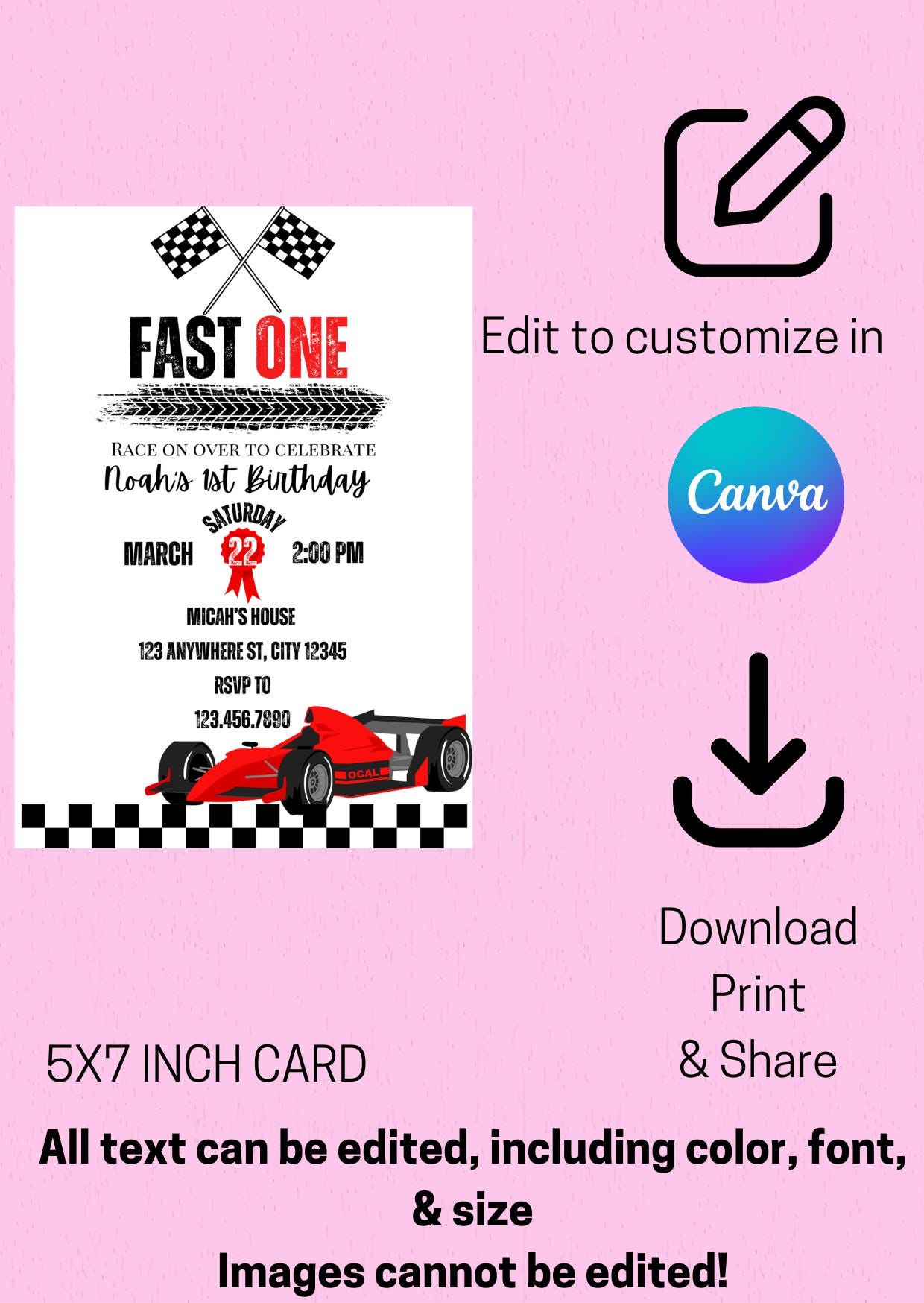 Customizable Fast One Race Car/racer Theme 1st Birthday Party Digital ...