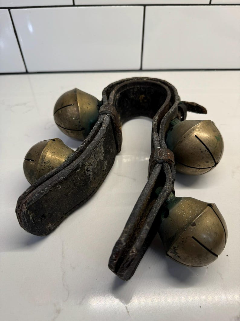 Antique Large Brass Sleigh Bells on Leather Strap - Etsy