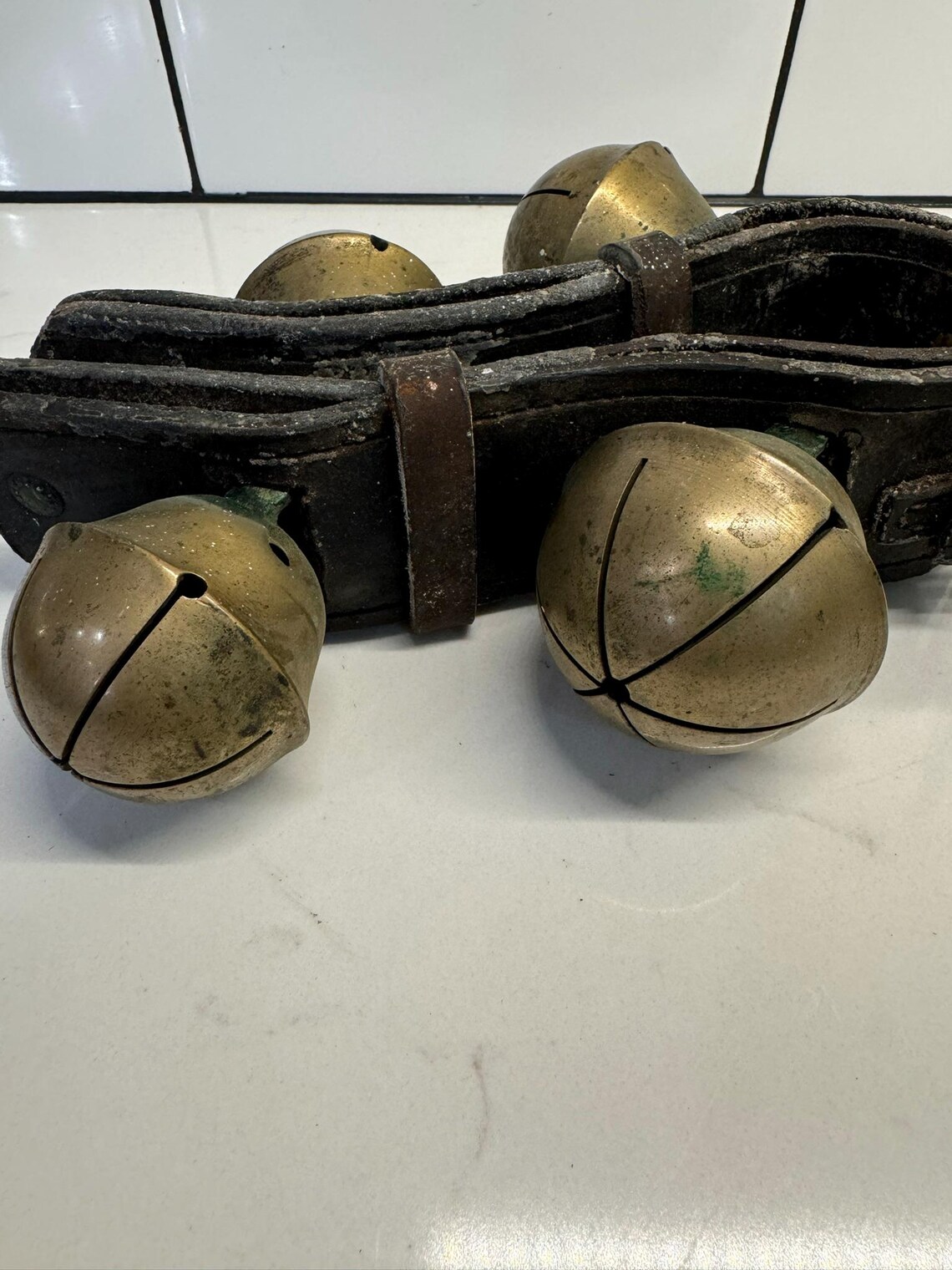Antique Large Brass Sleigh Bells on Leather Strap - Etsy