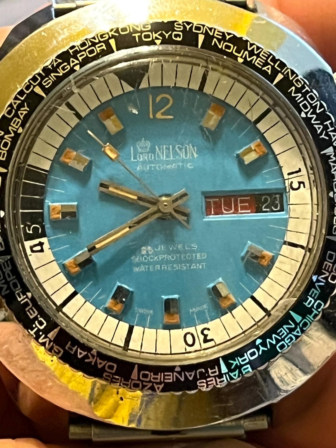 Mans Day Date Vintage World Time LORD NELSON Blue Dial 25 Jls Automatic ...
