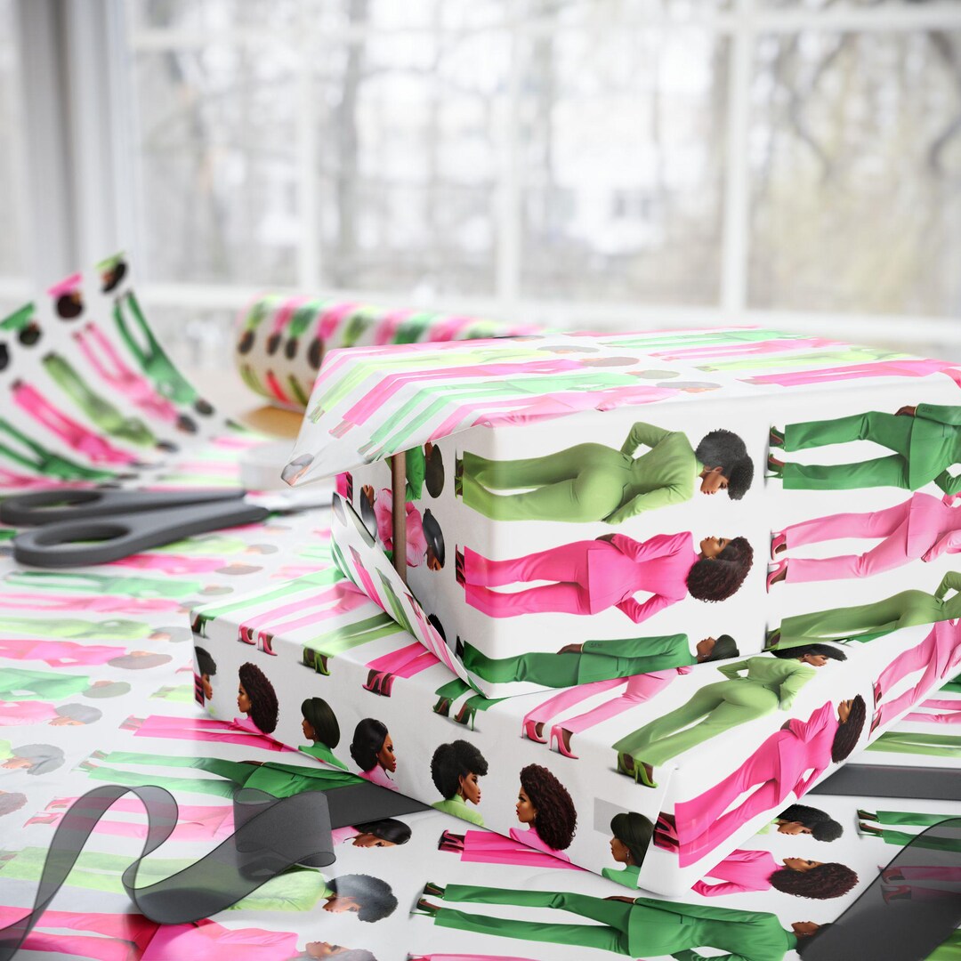Wrapping Paper, Pink and Green Ladies Pattern White Background, Perfect ...