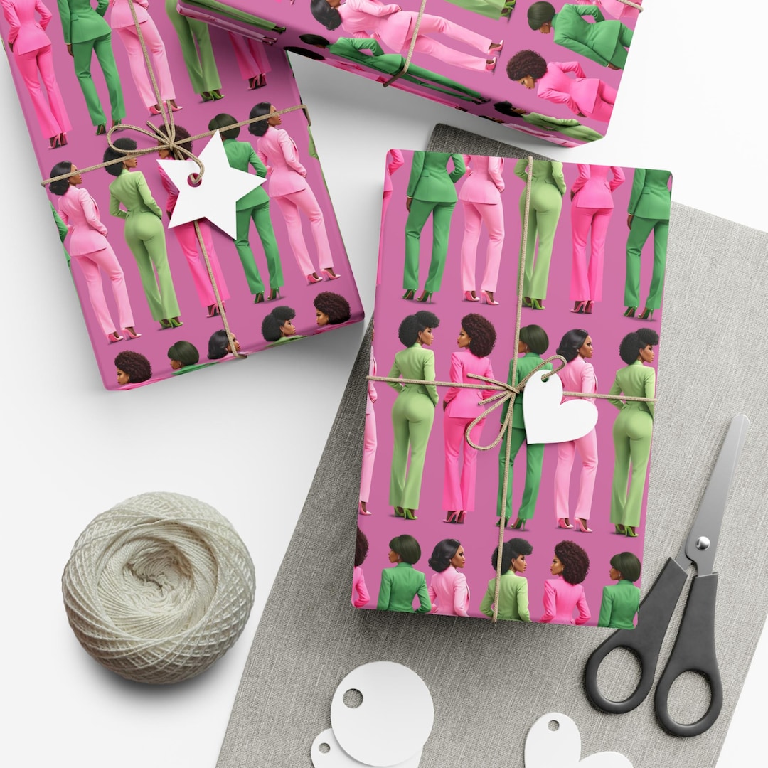 Wrapping Paper, Pink and Green Light Pink Background Ladies Pattern ...